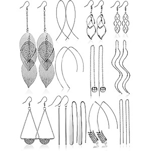 13 Pairs Metal Drop Dangle Earrings Set Curved Threader Dangle Earrings Double Twist Wave Long Bar Arrow Leaf Earrings (Silver)