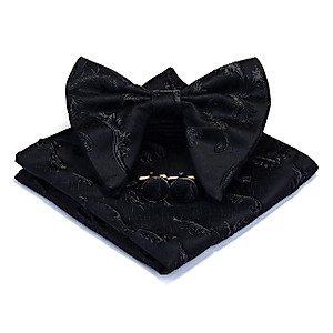 GUSLESON Adjustable Big Bowtie and Pocket Square Cufflink Set Fashion Floral Pre-tied Black Bow Tie (0617-06)