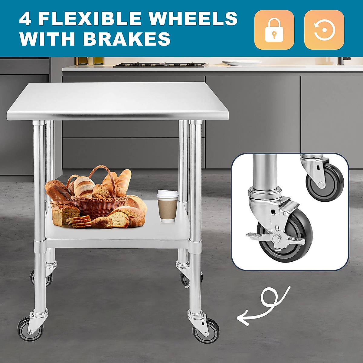 YBLFDY 24x30 Stainless Steel Table with Wheels and Adjustable Feet for Home Kitchen NSF Stainless Steel Prep Table,Metal Table with Undershelf for Garden