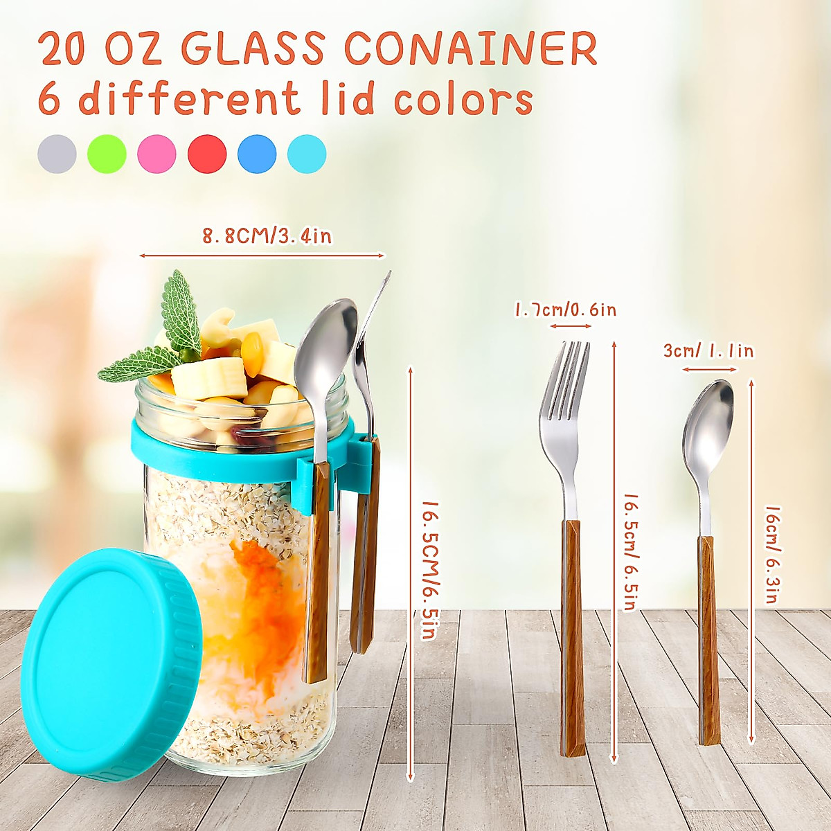 Dandat 6 Sets Overnight Oats Containers with Lids Spoons and Forks 20 oz Glass Mason Jars for Overnight Oats Overnight Oats Jars Large Capacity Airtight Jars for Milk Cereal Fruit Food Storage