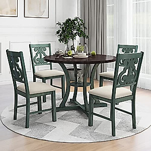 WOZNLA 5-Piece Round Table Set for 4-Special-Shaped Legs, Exquisitely Designed Hollow Chair Back in Dining Room, Antique Blue
