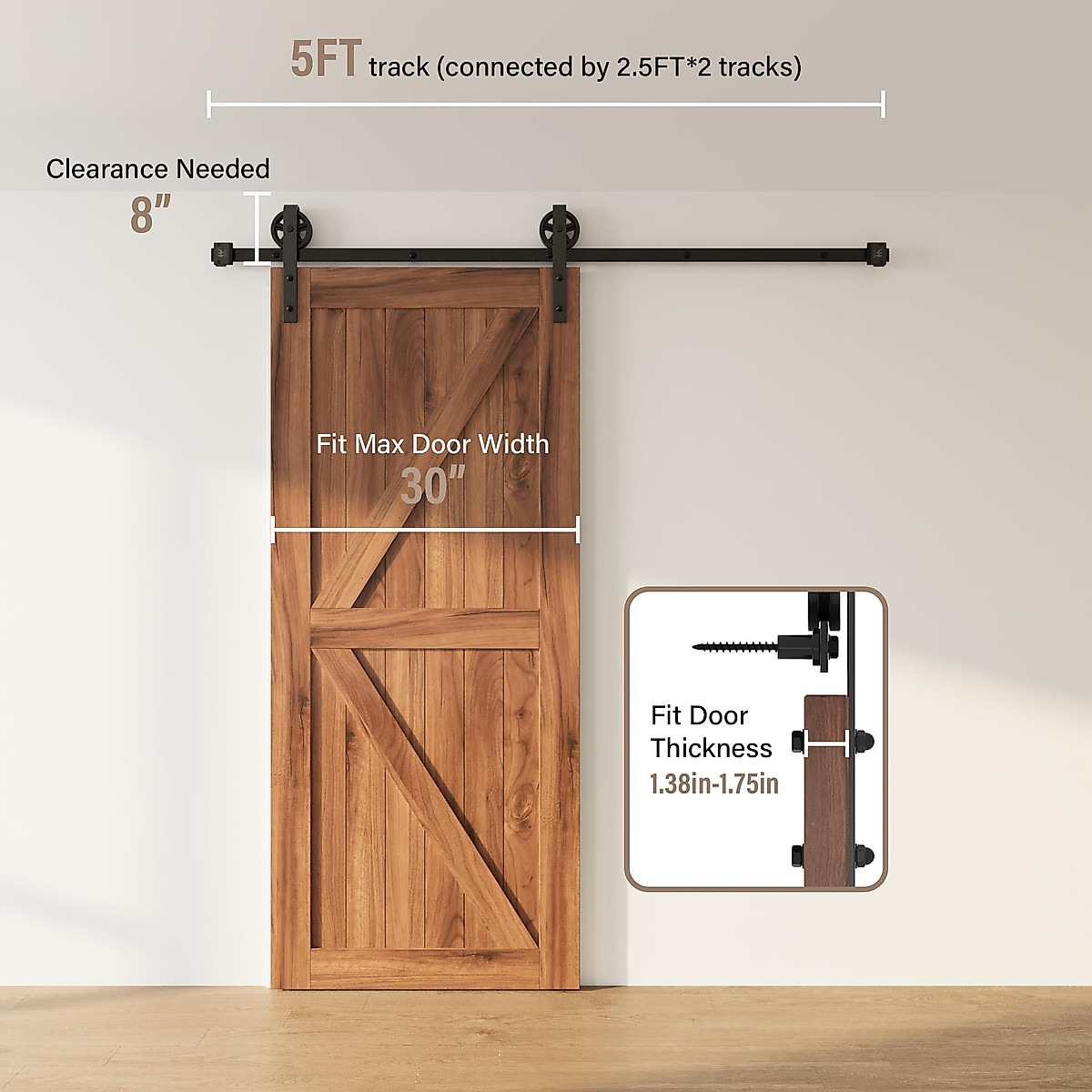 WINSOON 5-16FT Single Wood Sliding Barn Door Hardware Kit 5FT Basic Black Big Spoke Wheel Roller Garage Closet Carbon Steel Flat Track System (5FT)