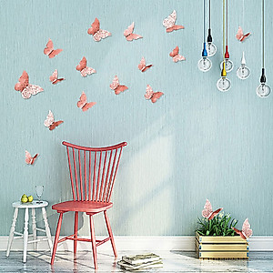 3D Butterfly Wall Stickers, Removable Metallic Wall Decals Fridge Sticker Room Mural Decoration for Kids Bedroom Nursery Classroom Party Wedding Decor DIY Gift, Rose Gold, 36Pcs