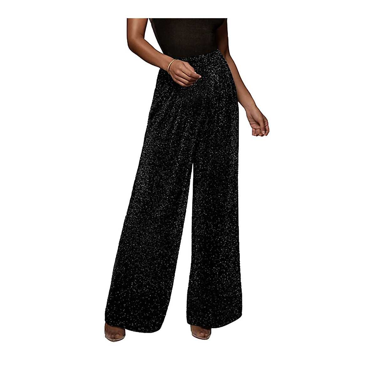 GUOLEZEEV Women Sparkle Party Pants Wide Leg Casual Loose Fit Long Palazzo Pant Black XL
