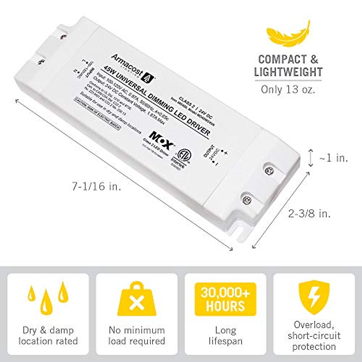 Armacost Lighting 860450 for LED Lighting, with Removable AC Cord, 45 Watt, White