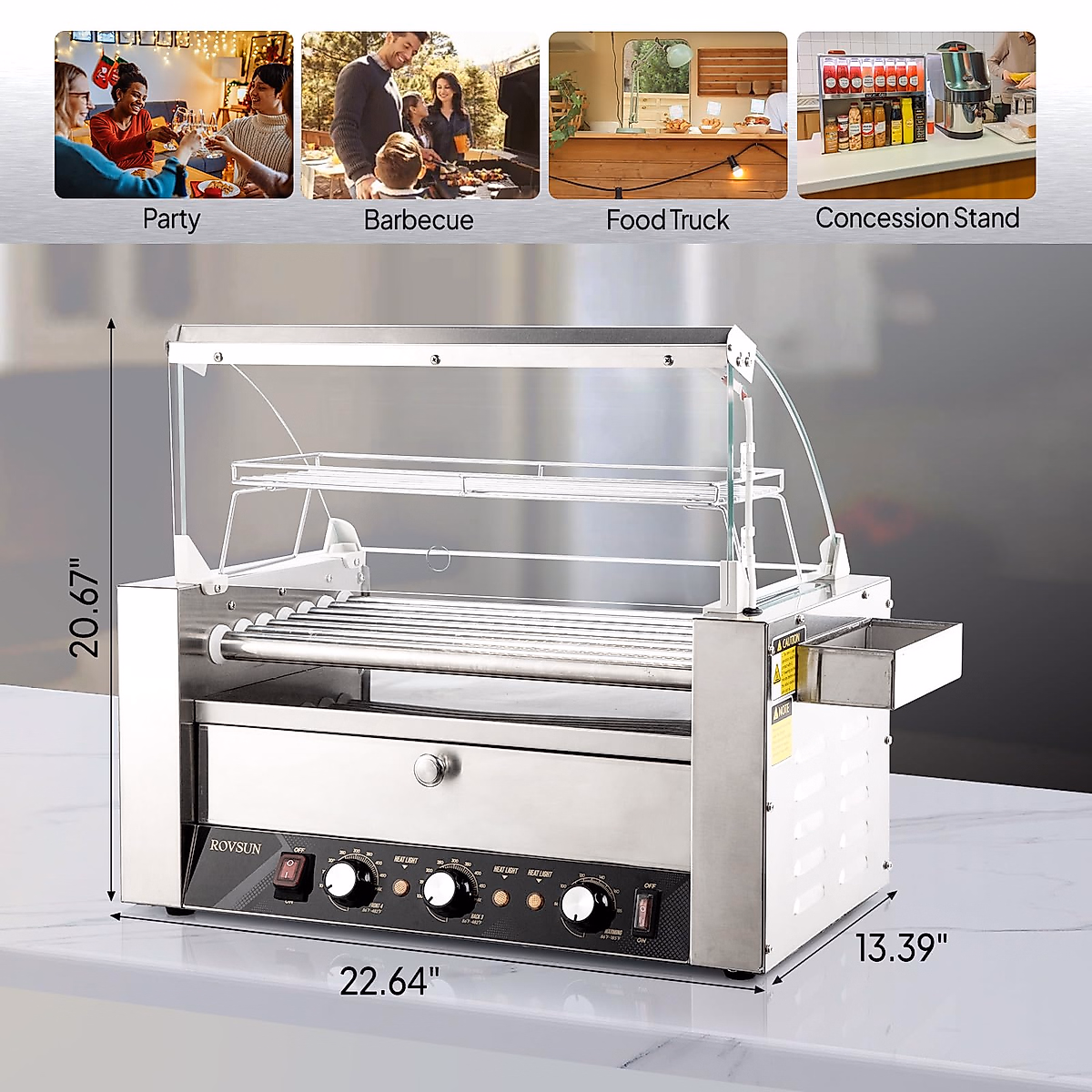 ROVSUN Hot Dog Roller Warmer ETL Certified, 7 Rollers 18 Hot Dog Roller Grill Cooker Machine w/Bun Warmer, Cover, Dual Temp Control, LED, Removable Shelf & Drip Tray for Party Home Commercial 1200W
