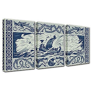 Tucocoo 3 Pieces Vikings Decor Canvas Wall Art Vikings Ship Drakkar with a Dragons Head Isolated on White for Bedroom and Living Room Art Work for Home Walls Ready to Hang 42X20Inch