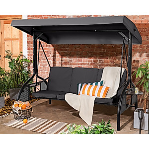 Grepatio Outdoor Porch Swing with Canopy, 3 Person Patio Porch Swing Chairs with Stand, Porch Bed Swing with Removable Cushion and Cup Holder for Patio, Garden, Poolside (Gray)