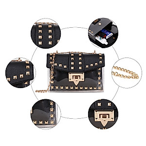 Qiayime Purses and Handbags for Women Fashion PU Leather Chain Transparent Rivet Satchel Shoulder Tote Clutch Crossbody Bag (black)