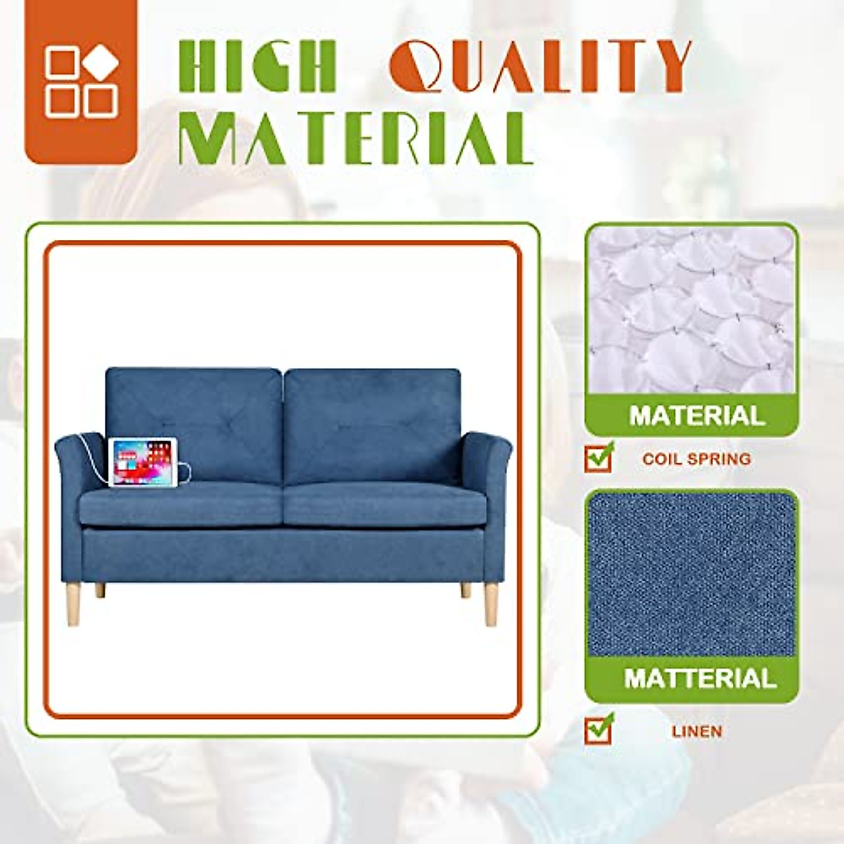 VAMEPOLE 58" Small Loveseat Sofa w/2 USB Charger Ports for Living Room, Mid Century Modern Decor Love Seat Couch, Small Love Seats for Small Spaces, Apartments, Dorm, Office (Navy Blue)