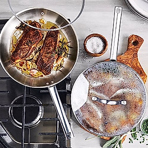 Deluxe Oil Gather Pro Stainless Steel Skillet, 11 Inch Frying Pan with Lid for Cooking, Prefesstional Cookware with Long and Stay Cool Handle Suit for All Stoves Induction Oven Dishwasher Safe