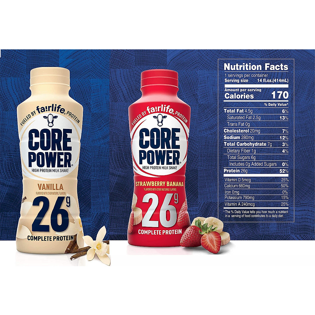 Fairlife Core Power High Protein Milk Shake, Natural Flavor Ready to Drink Protein Shake, The best Strawberry Protein Shakes, 14 fl oz , 26gm (Strawberry Banana/ Vanilla flavor, Pack of 6 Bottles) protein, beverages, strawberries,