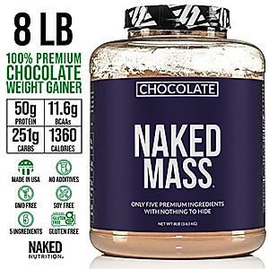 NAKED nutrition Chocolate Naked Mass - All Natural Chocolate Weight Gainer Protein Powder - 8Lb Bulk, GMO Free, Gluten Free & Soy Free. No Artificial Ingredients - 1,360 Calories - 11 Servings