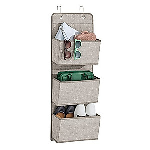 InterDesign Aldo Over-the-Door Fabric Closet Storage Organizer for Purses, Handbags, Shoes, Sunglasses - 3 Pockets, Linen