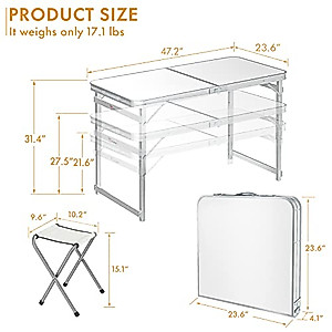 FrenzyBird Folding Picnic Table with 4 Stools, Aluminum Table Oxford Mat Chair Set for up to 4 Persons, Portable Lightweight and Heights Adjustable for Outdoor Camping Dining BBQ Party