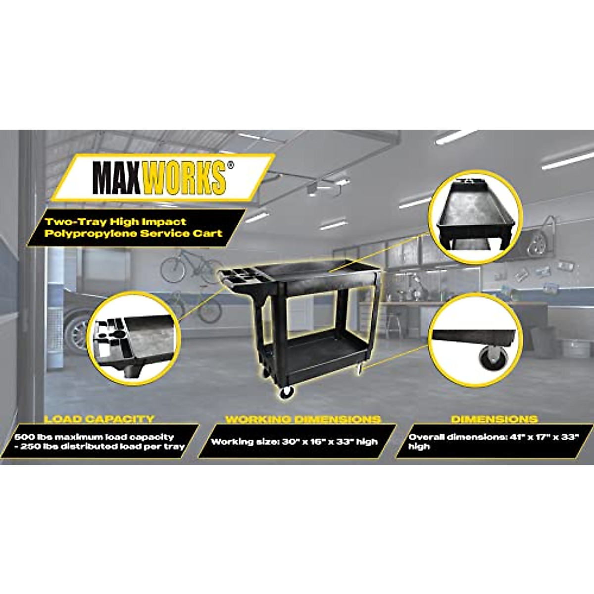 MaxWorks 80855 500-Pound Service Cart With Two Trays (40" x 17" Overall Dimensions)