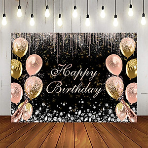 Avezano Rose Gold and Black Birthday Backdrop Glitter Diamond Sprinkles Balloon Bokeh Birthday Photography Background for Girls Women Bday Party Happy Birthday Photobooth Props (Rose Gold, 7x5ft)