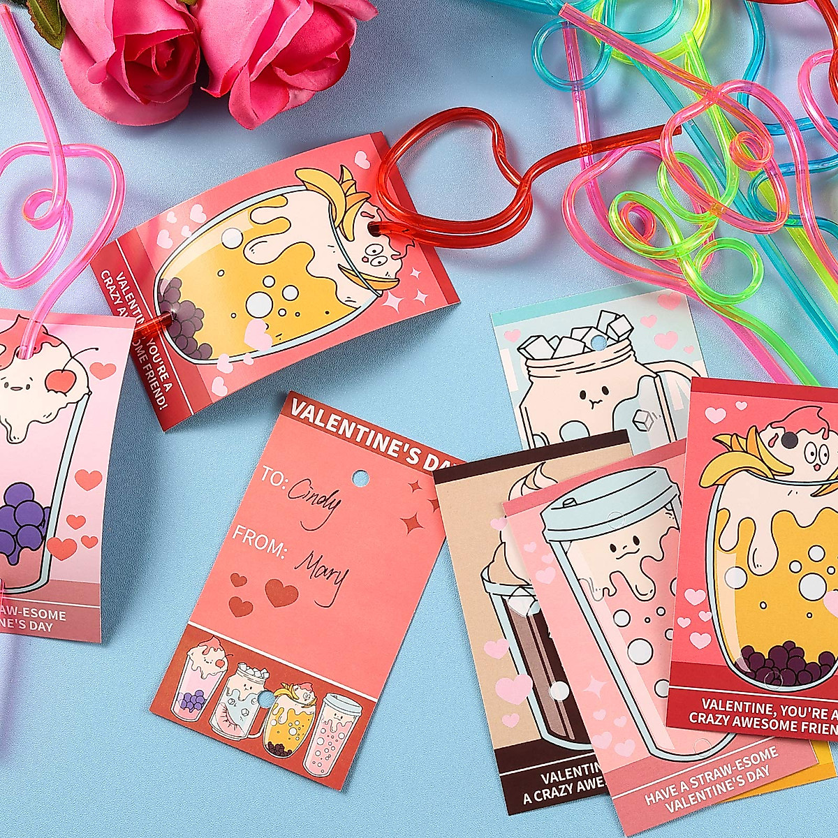 AOJOYS Valentines Day Cards for Kids 32 Pack - 32 Colorful Valentine Gift Cards + 32 Lovely Loops Reusable Drinking Straws for Classroom Exchange Prizes, Valentine Party Favors