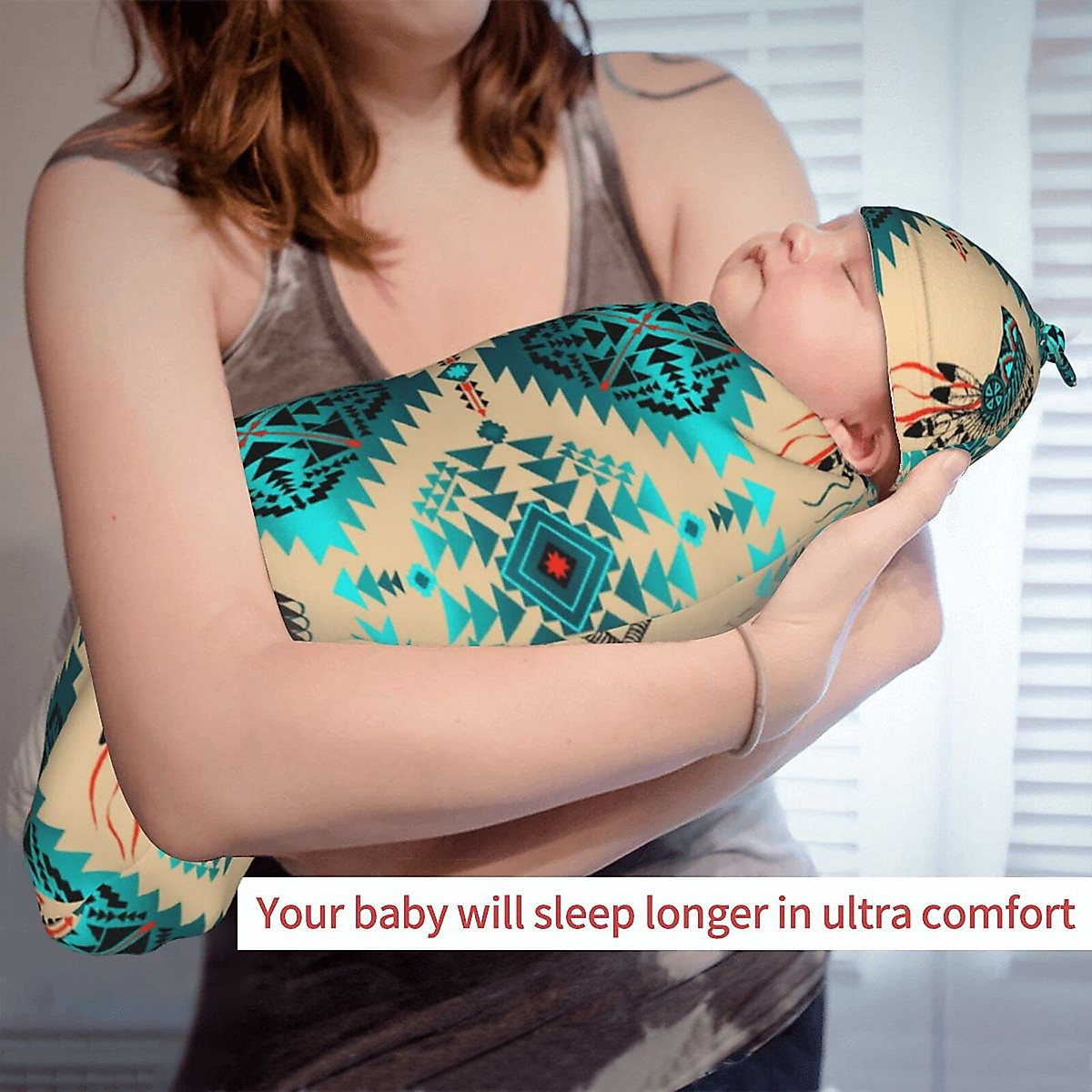 Western Baby Stuff Native Aztec Navajo Newborn Swaddle Blanket Baby American slepp Sack Soft Silky Wrap Blanket with Beanie Hat for Boys Girls Gifts Infant