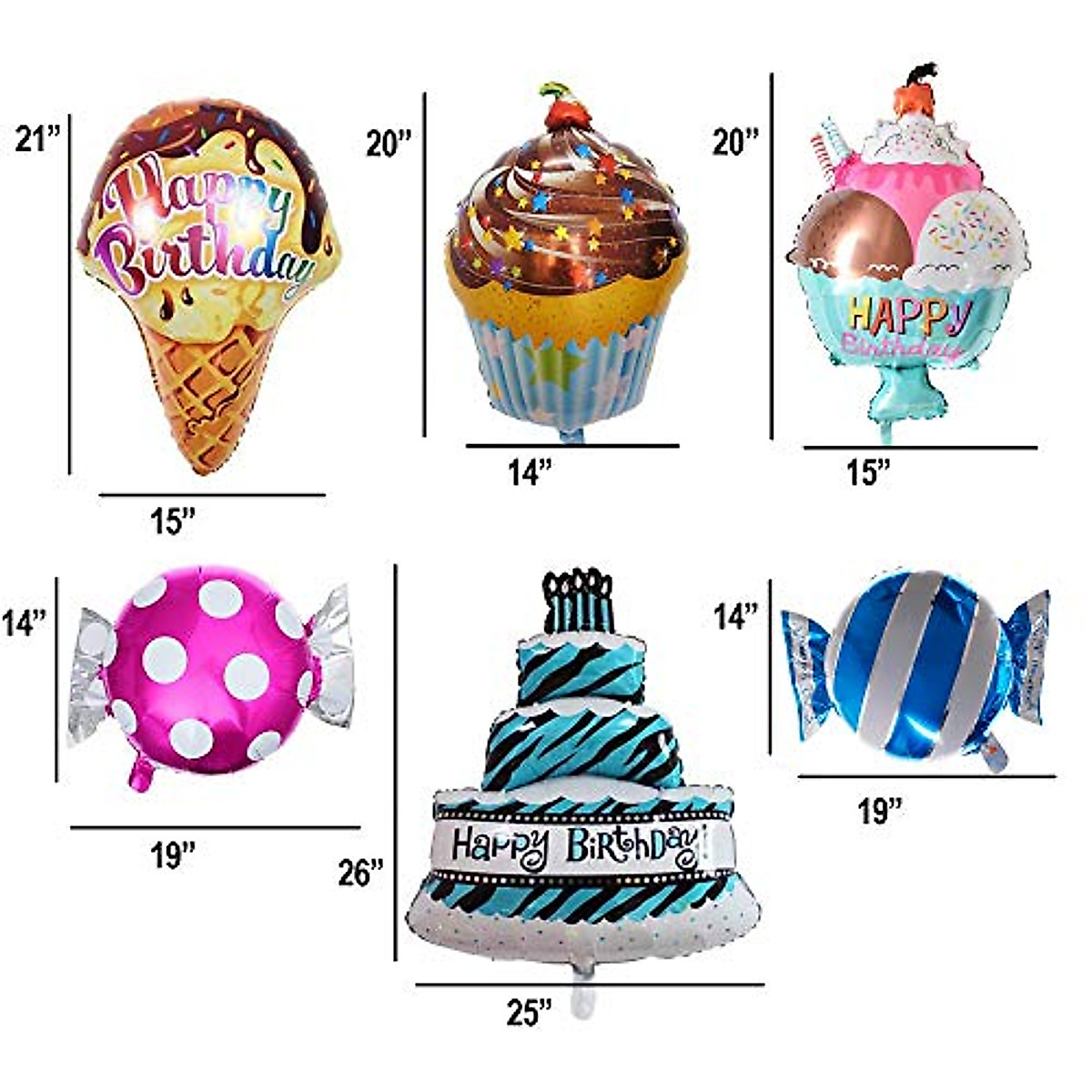 Happy Birthday Large Foil Balloon set - (6 pack) Cake, cupcake, ice cream cone, ice cream bowl, pink candy, blue candy by Par-T