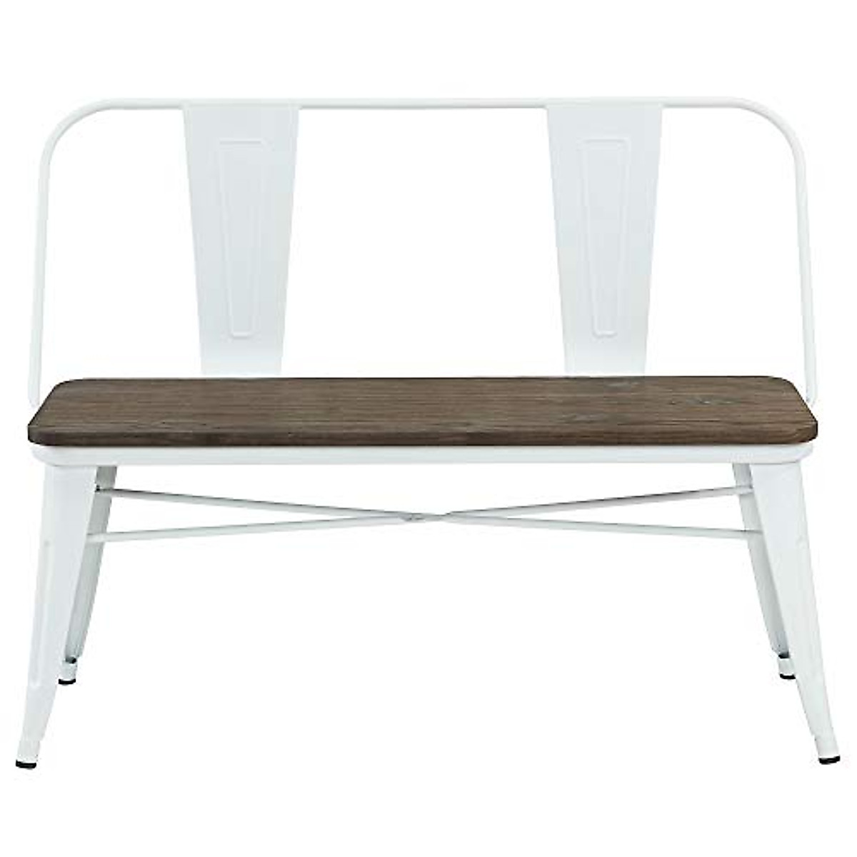 Whi Rustic Industrial Metal & Solid Wood Back in White Bench