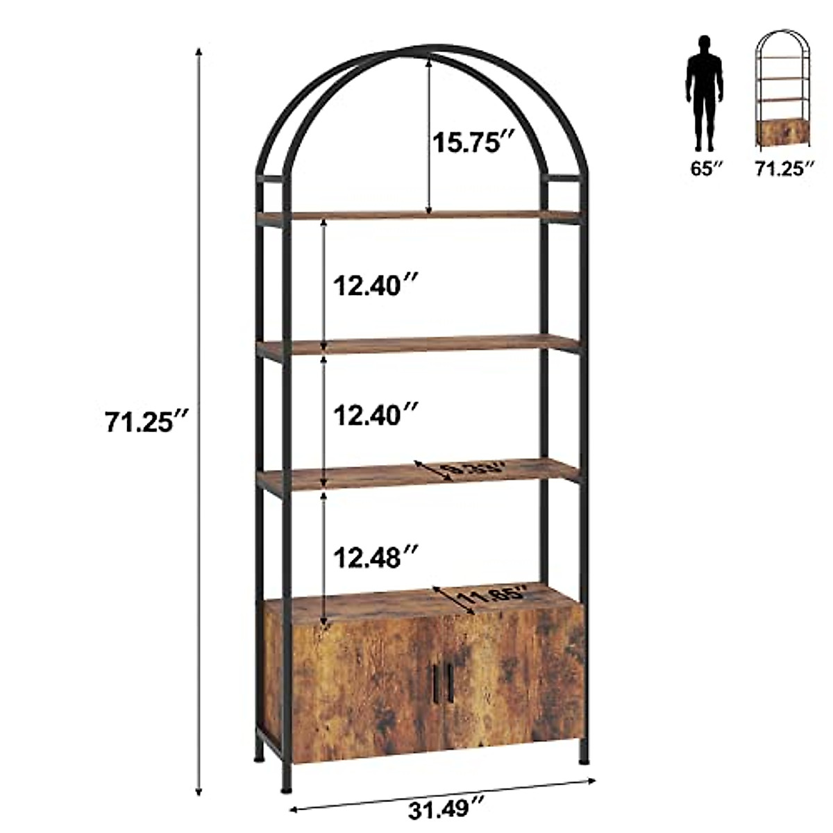 Jehiatek Arched Bookshelf, Bookcase with Doors Storage, 71 Inches Tall Industrial Book Shelf with Sturdy Metal Frame, E1 Quality Boards, Freestanding Display Shelving Unit, Black and Rustic