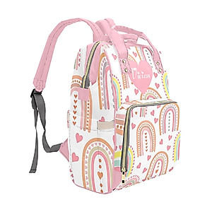 CUXWEOT Pattern Pink Rainbow Heart Diaper Bags Personalized with Name Customized Travel Back Pack Hiking Camping Mum Backpack