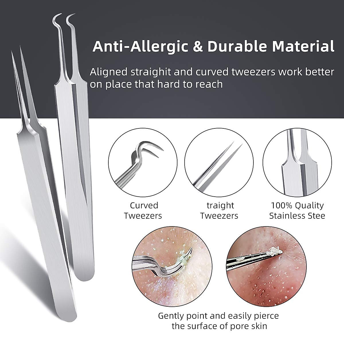 DUcare Blackhead Remover Tools 9 Pcs Pimple Popper Tool Kit with Metal Case for Pimples, Blackheads, Zit Removing, Forehead