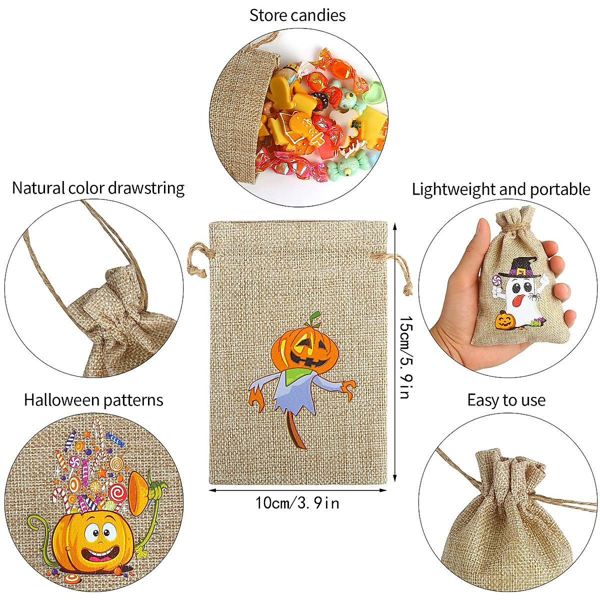 LOKIPA 36 Pcs Halloween Burlap Gift Bags with Drawstring Small Jute Pouches for Kids Adults Party Supplies