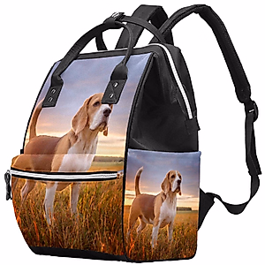 Large Baby Diaper Bag Backpack, Outdoor Beagle Dog Waiting Sunset Nappy Bag Travel Back Pack for Mom and Dad