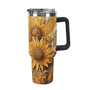 40 Oz Tumbler with Handle Bees And Sunflowers on Old Paper Stainless Steel Coffee Mug Reusable Travel Mug Leak-proof Insulated Car Cup Large Capacity Tumbler for Travel, Outdoor, Home Use (Black)