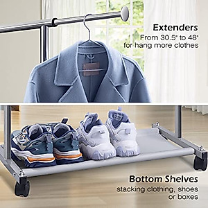 MISSLO Short Clothing Racks for Hanging Clothes with Bottom Shelves and Wheels Heavy Duty Rolling Clothes Rack Kids Clothing Rack for Adult Coat, Closet, Wardrobe