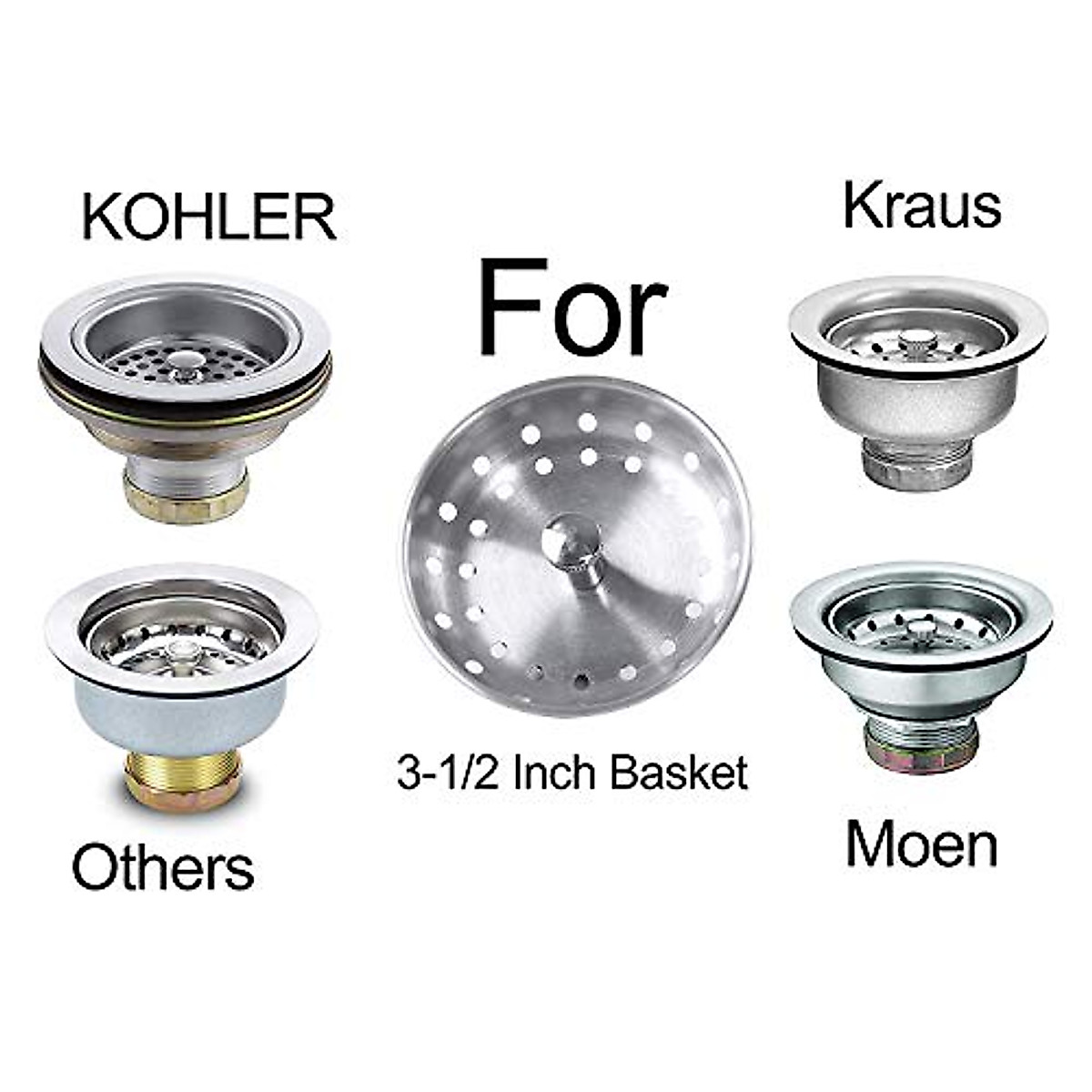 KONE 2PCS Kitchen Sink Basket Strainer Replacement for 3-1/2 Inch Standard Drains Brushed Stainless Steel Body Metal Center Knob with Rubber Stopper