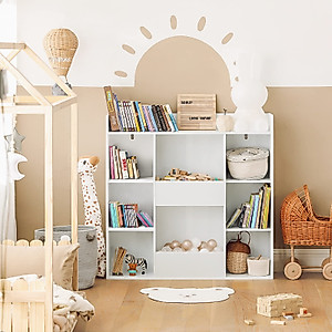 Haotian Kid's Bookshelf Children Bookcase with Toy Storage Organizer, Toddler Book Rack for Playroom, Book Holder for Nursery Classroom, White, KMB55-W