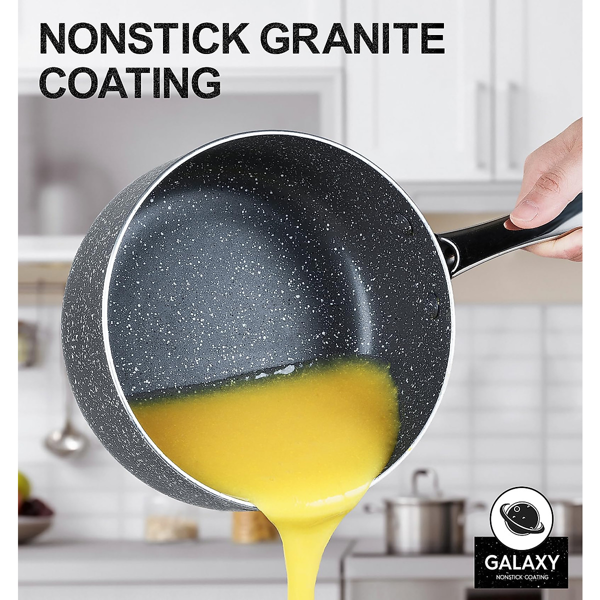 MICHELANGELO Sauce Pan with Lid, 1 Quart Saucepan with Lid Granite, Non Stick Sauce Pan with Stainless Steel Handle, 1 Qt Saucepan with Nonstick Coating, Grey