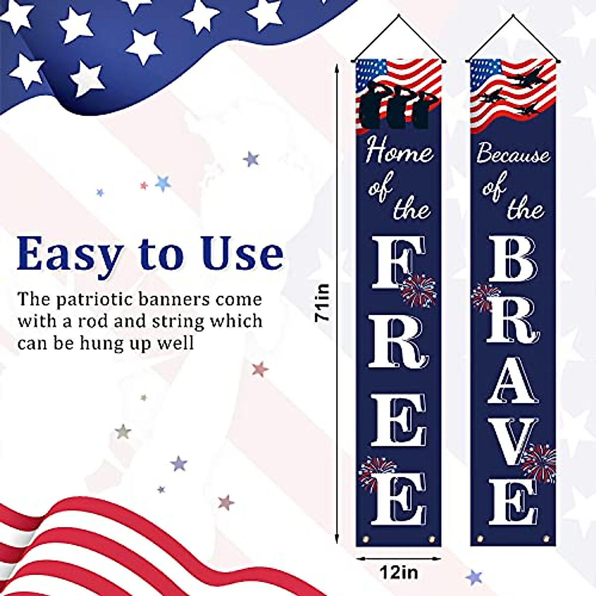American Flag Patriotic Porch Sign Hanging Banner - Patriotic Party Decor Supplies for 4th of July Decorations/ Memorial Day/ Veterans Day/ Independence Day/ Labor Day - Outdoor/ Indoor/ Home/ Wall