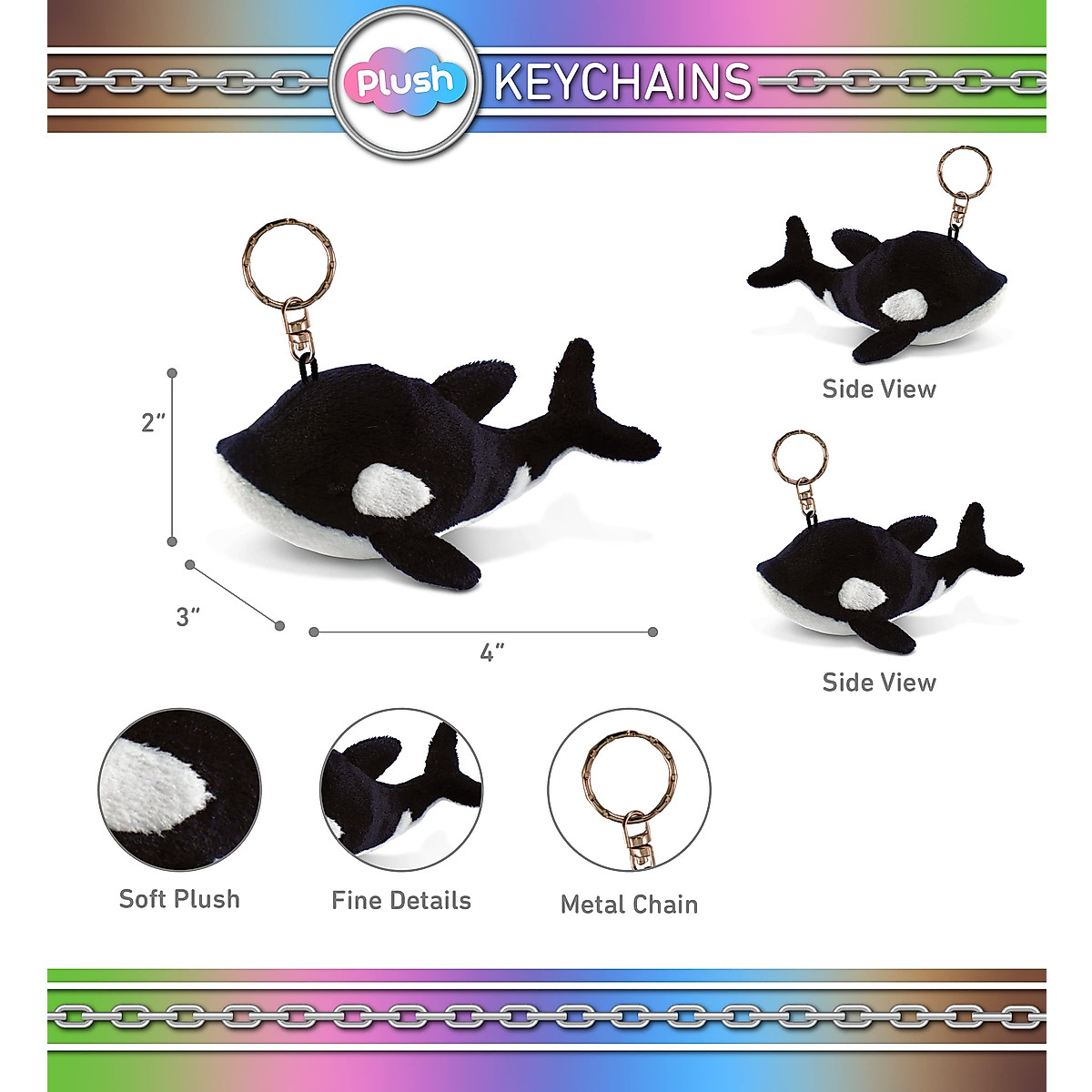 Puzzled Killer Whale Plush Keychain Stuffed Animal Toy - Soft Ocean Life Animal Black Whale Charm Keyring, Decorative Plush Toy Accessory Fun Buddy For Kids Bag - 4 Inches