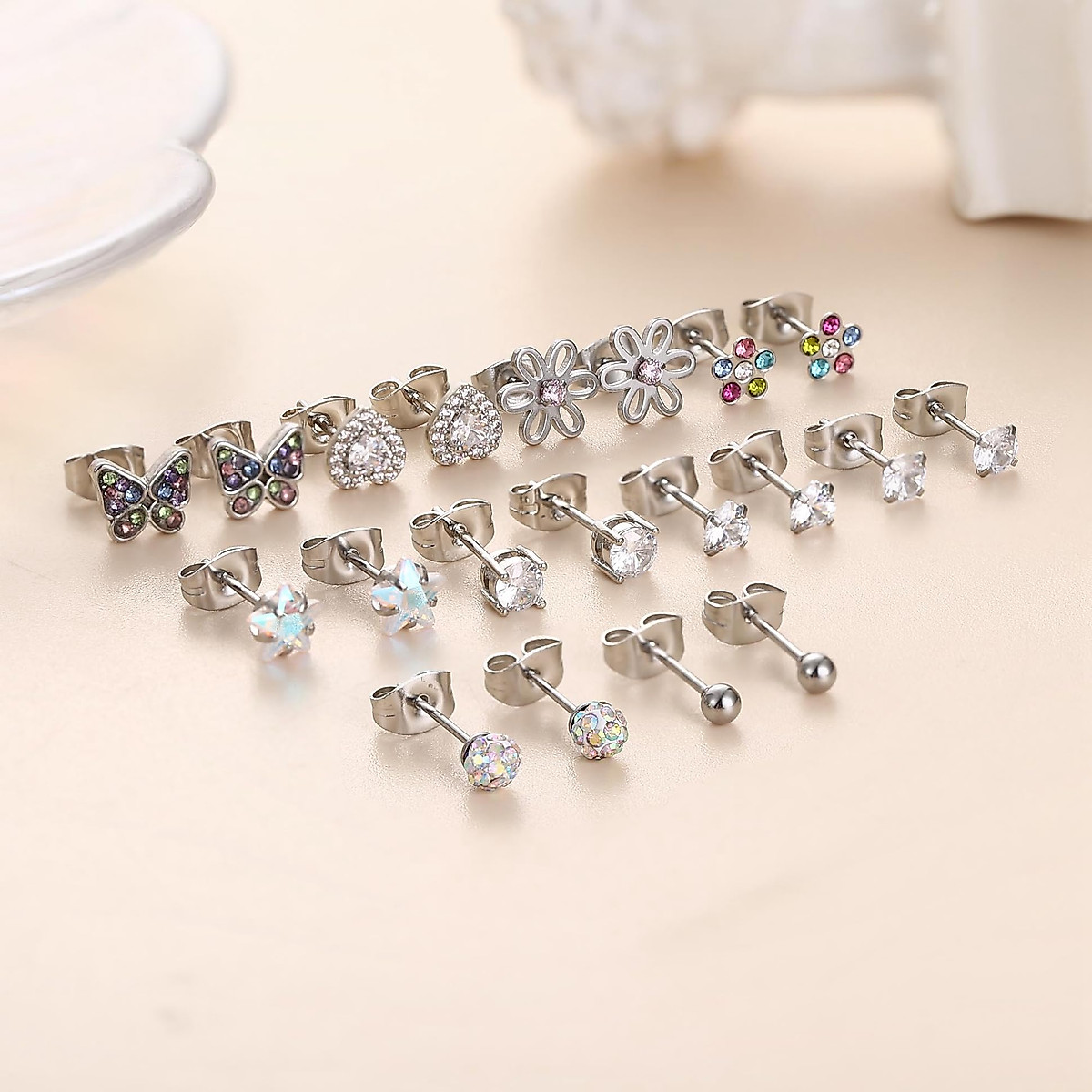 YADOCA 10 Pairs Hypoallergenic Surgical Steel Stud Earrings for Women Girls CZ Heart Butterfly Flower Stud Earrings Set