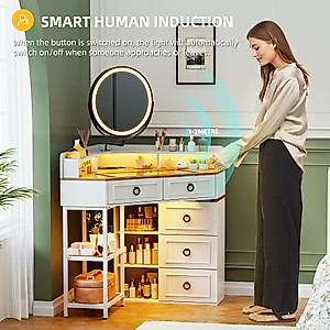 Lvifur Corner Vanity Desk with Mirror and Lights,White Corner Makeup Vanity with Charging Station, 3 Color Led Light Settings, 5 Drawers, and Open Shelves for Bedroom, Women, and Girls