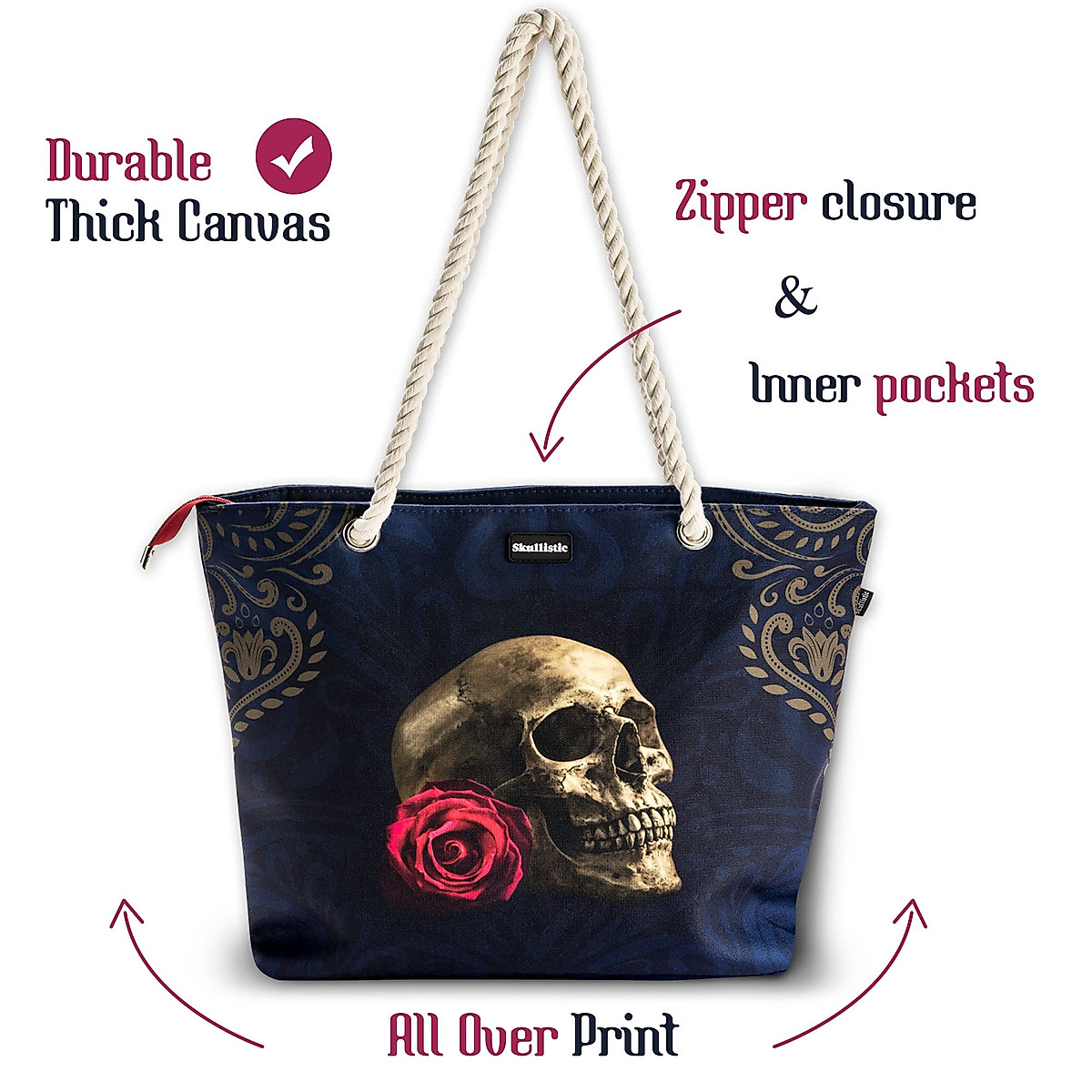 Skullistic Rose Skull Shoulder Bag - Beach, Travel & Gym, Thick Canvas, L18.5 x H13.5 x W5