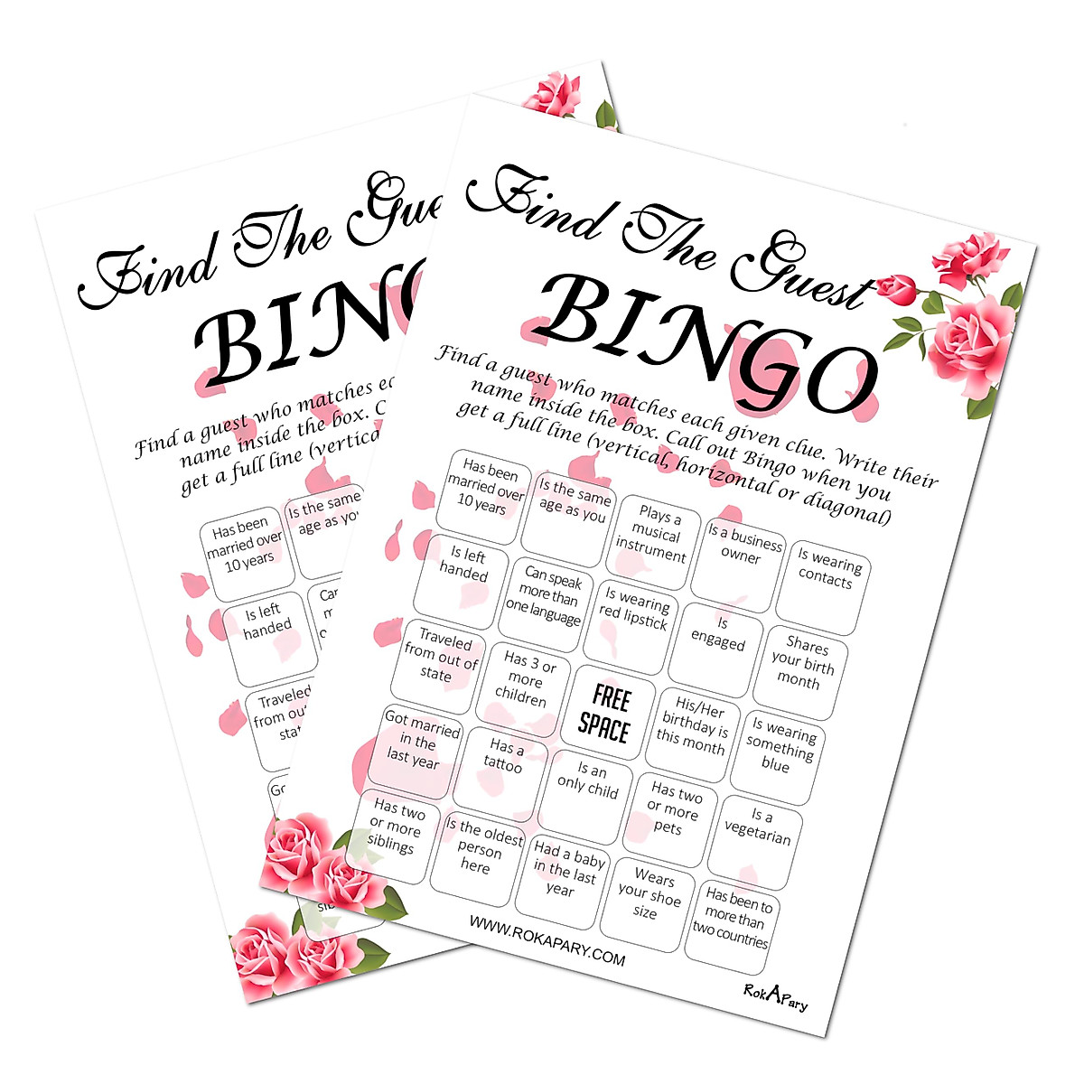 Floral Roses Find The Guest Bingo Game, Wedding, Bridal Shower, Bachelorette or Engagement Party Game, Event Activities Play Pack of 50 Cards 5”x7” Made in USA
