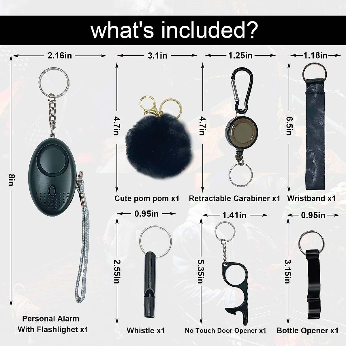 Black Keychain Set for Girls with Personal Alarm,Pom Pom and Lip Balm Lanyard Wirstlet