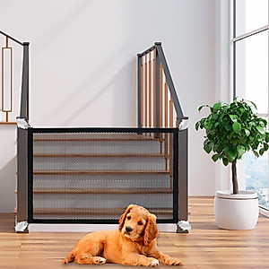 Dog Gates for The House, Malydyox Mesh Baby Gates for Stairs with Portable Safety Fence Easily Install Anywhere, Child Gate for Doorways with 2pcs Stainless Steel Pole and 8pcs Hooks , 43'' X 29''