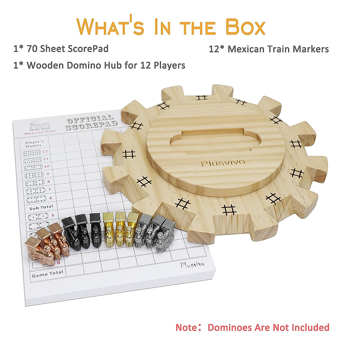 plusvivo Mexican Train Dominoes Accessories Set-Including a 7.89-Inch Wooden Mexican Train Hub up to 12 Players, 12 Metal Train Markers, and a 70-Sheet Mexican Train Score Pads