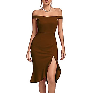 LYANER Women's Off Shoulder Ruffle Split Hem Bodycon Party Club Midi Dress Brown Medium