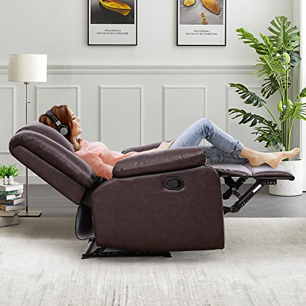 ASHOMELI Large Real Leather Recliner Chair, 150 Degree Tilt, Living Room Bedroom Sofa Recliner (Brown)
