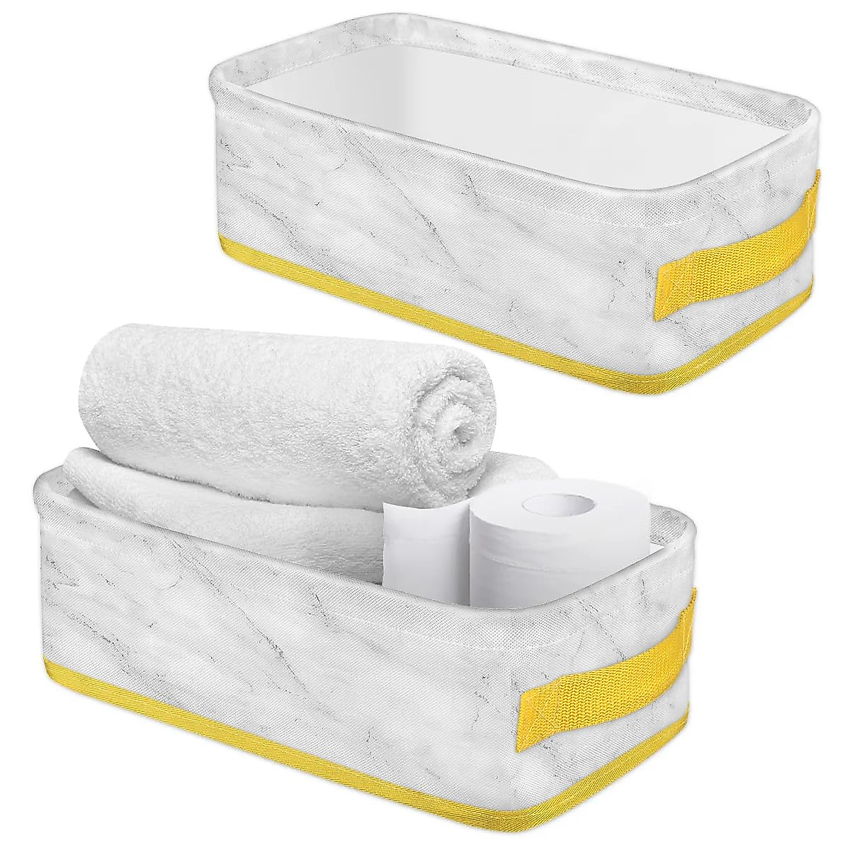 Tablerazzi White Marble Toilet Tank Topper Paper Basket with Handle, Abstract Marble Storage Basket for Organizing, Small Fabric Storage Bins for Bathroom Decor