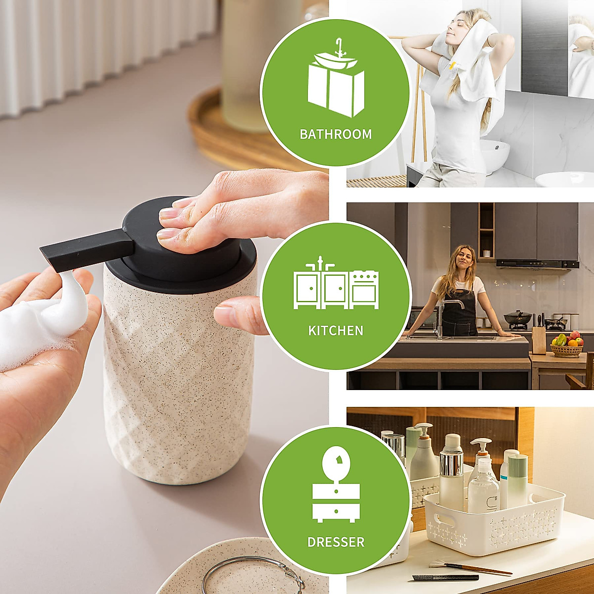 Bathroom Foaming Soap Dispenser 12oz Ceramic Hand Dish Soap Dispenser, Decorative Rhombus Kitchen Pump Bottle with Foam Bottle Pump(Cream Color)