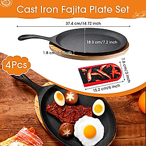 Lallisa 4 Sets Cast Iron Fajita Plate Set Fajita Plate Sizzler Pan with Wooden Tray Anti Scald Protection Hot Mitt Cast Iron Skillet Set for Home Barbeque Kitchen Party Restaurant Catering Service