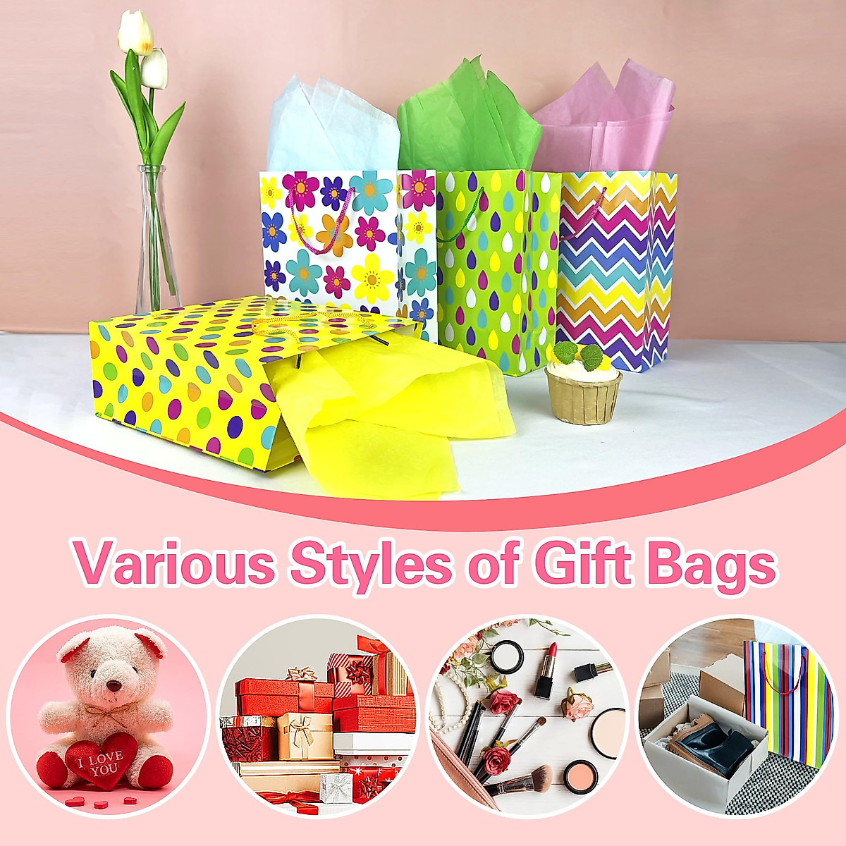 MUMULULU 6 Pack Gift Bags Medium Size with Handle and Tissue Paper Colorful Geometric Elements Pattern Gift Bags for Birthday Party Baby Shower Wedding Holiday Presents